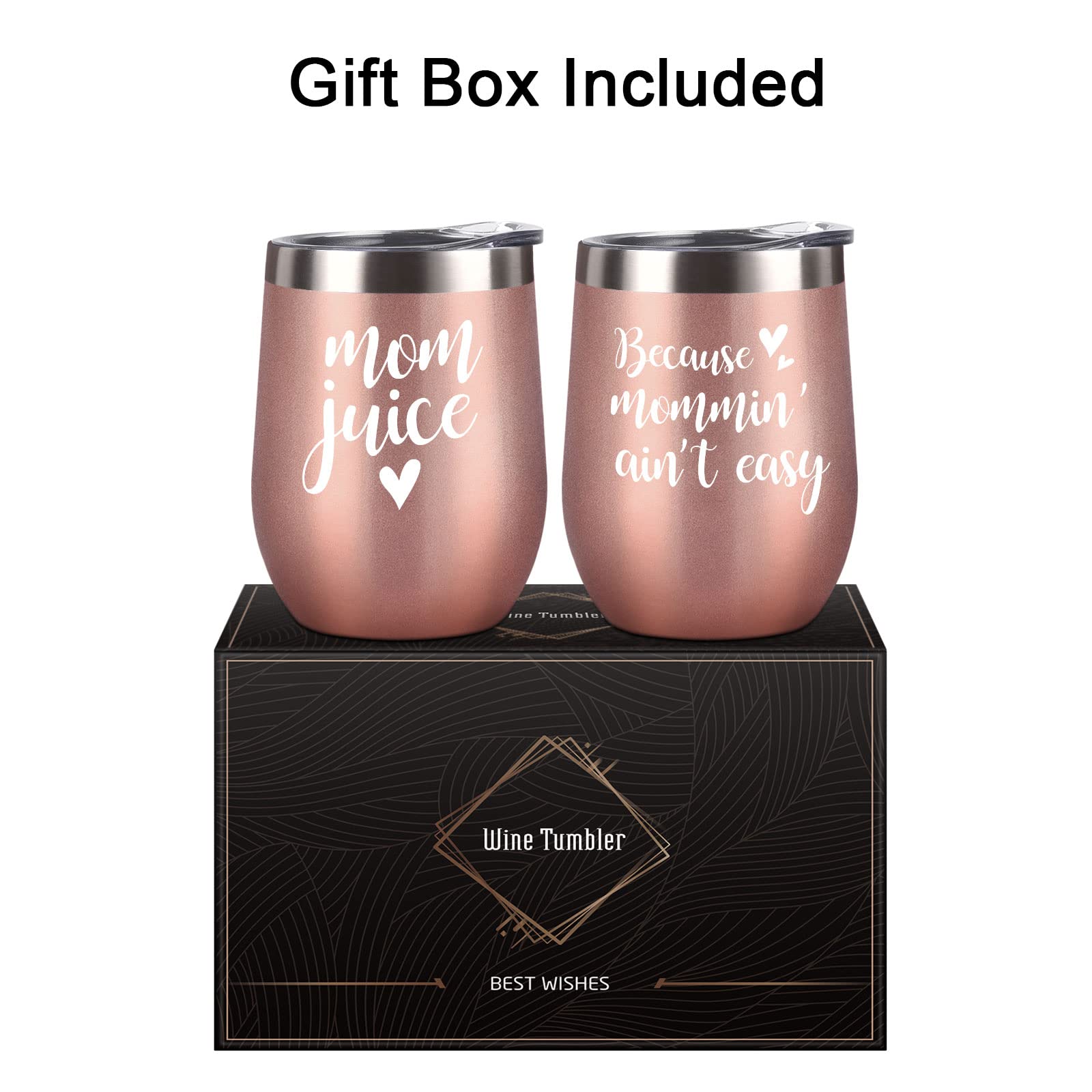 GINGPROUS Mom Gifts, 2 Pack Mom Juice&Because Mommin Ain’t Easy Wine Tumbler, Mother’s Day Birthday Christmas Gifts for Mother Mom Mama Mommy, 12oz Stainless Steel Insulated Wine Tumbler, Rose Gold