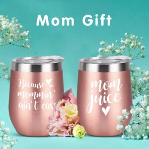 GINGPROUS Mom Gifts, 2 Pack Mom Juice&Because Mommin Ain’t Easy Wine Tumbler, Mother’s Day Birthday Christmas Gifts for Mother Mom Mama Mommy, 12oz Stainless Steel Insulated Wine Tumbler, Rose Gold