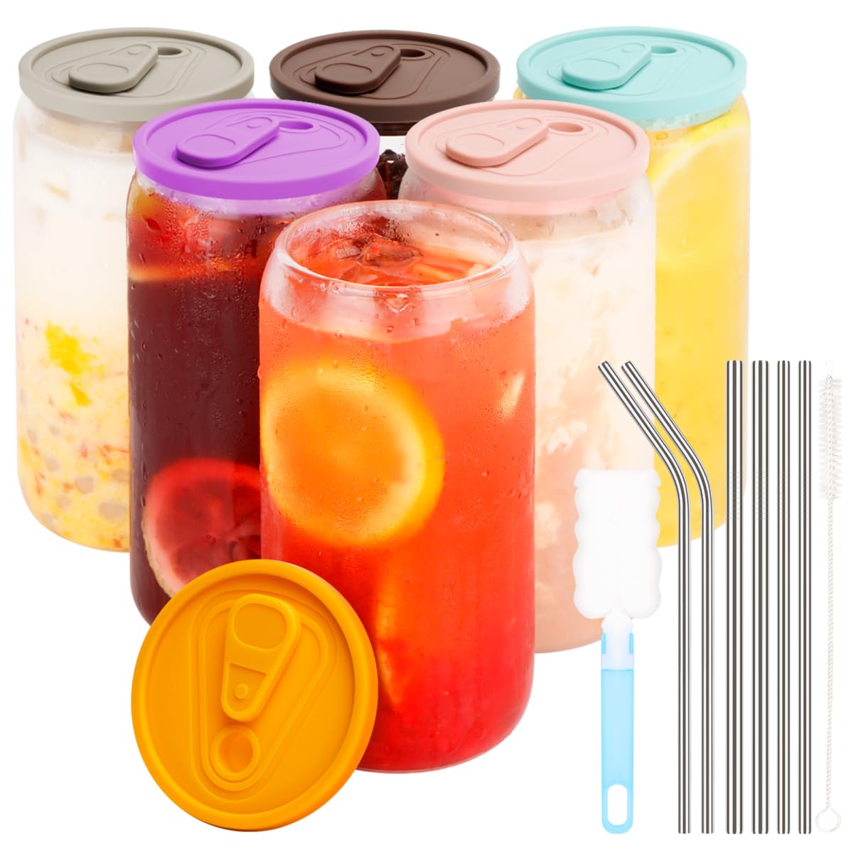 HuaQi Glass Cups with Lids and Straws 6pcs Set, Beer Glasses with Silicone Lids and Metal Straw