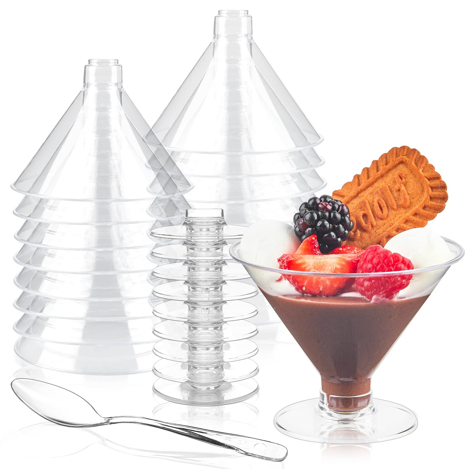 TOFLEN 40 Pack Plastic Martini Glasses 5 Oz Mini Dessert Cups with Spoons Reuasble Cocktail Shooters Clear Short Stem Shot Glasses for Party Wine, Desserts and Appetizers