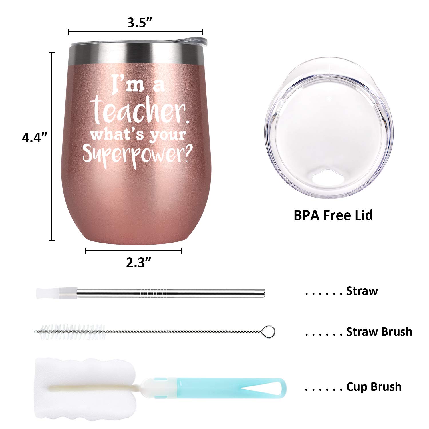 Lifecapido Teacher's Day Idea for Teacher Professor Women, Wine Tumbler with Lid and Straw, I'm A Teacher Stainless Steel Wine Tumbler Funny Teacher Appreciation Idea(12 Oz, Rose Gold)