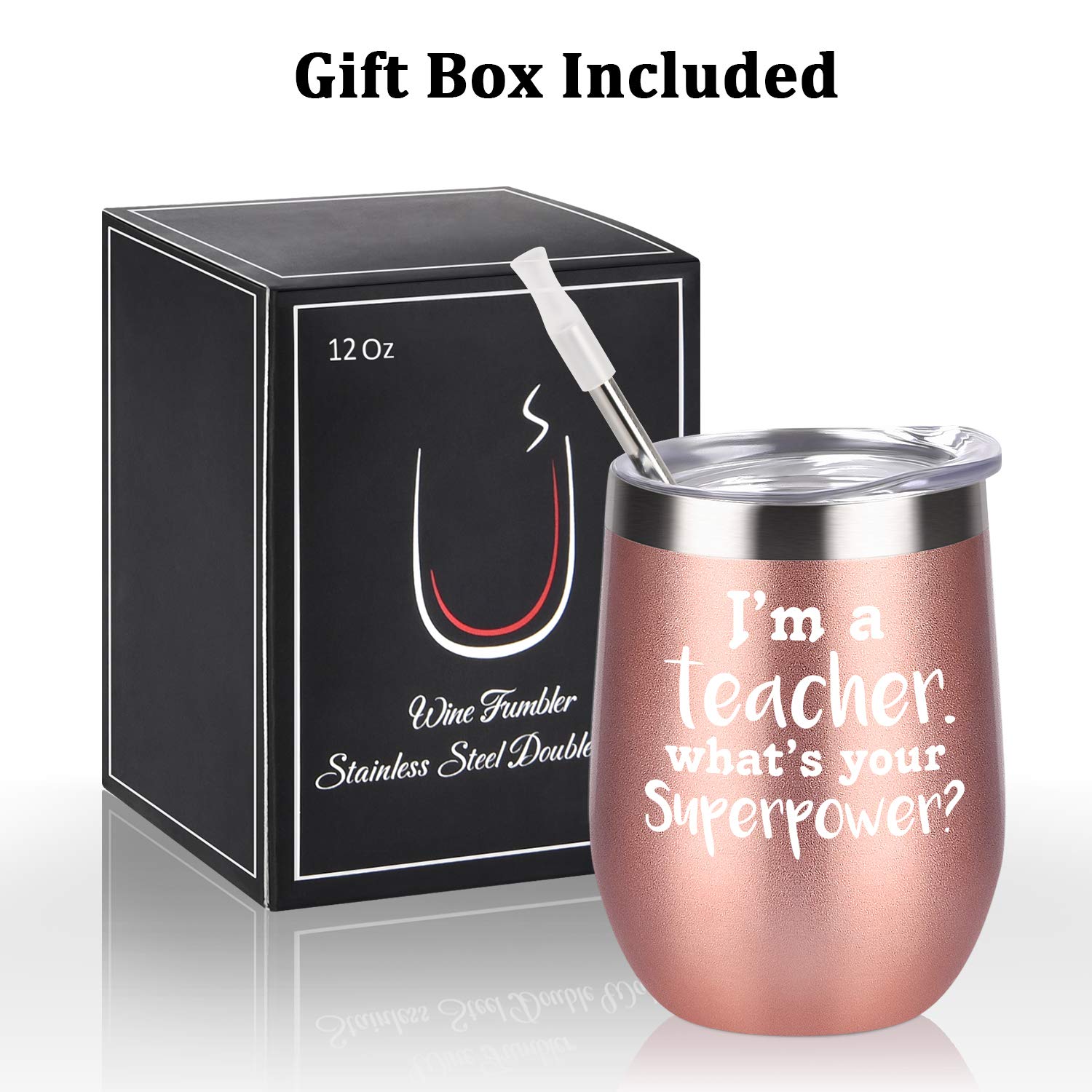 Lifecapido Teacher's Day Idea for Teacher Professor Women, Wine Tumbler with Lid and Straw, I'm A Teacher Stainless Steel Wine Tumbler Funny Teacher Appreciation Idea(12 Oz, Rose Gold)