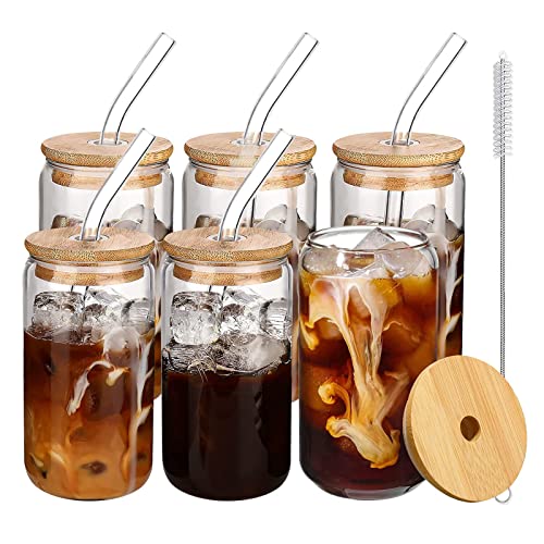 Glass Cups with Bamboo Lids and Glass Straw 6pcs Set - Beer Can Shaped Drinking Glasses, 16 oz Iced Coffee Glasses, Cute Tumbler Cup for Smoothie, Boba Tea, Whiskey, Juice, Water - 2 Cleaning Brushes