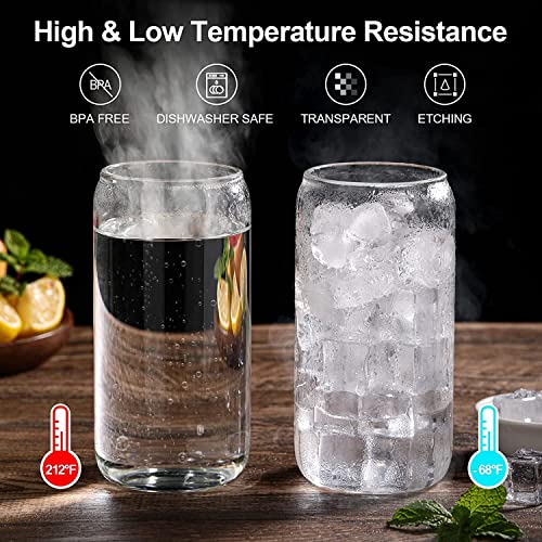 Glass Cups with Bamboo Lids and Glass Straw 6pcs Set - Beer Can Shaped Drinking Glasses, 16 oz Iced Coffee Glasses, Cute Tumbler Cup for Smoothie, Boba Tea, Whiskey, Juice, Water - 2 Cleaning Brushes