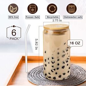 Glass Cups with Bamboo Lids and Glass Straw 6pcs Set - Beer Can Shaped Drinking Glasses, 16 oz Iced Coffee Glasses, Cute Tumbler Cup for Smoothie, Boba Tea, Whiskey, Juice, Water - 2 Cleaning Brushes