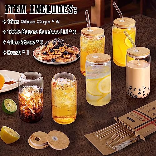 Glass Cups with Bamboo Lids and Glass Straw 6pcs Set - Beer Can Shaped Drinking Glasses, 16 oz Iced Coffee Glasses, Cute Tumbler Cup for Smoothie, Boba Tea, Whiskey, Juice, Water - 2 Cleaning Brushes