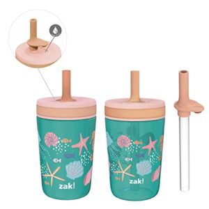 zak designs shells kelso tumbler set, leak-proof screw-on lid with straw, bundle for kids includes plastic and stainless steel cups with bonus sipper (3pc set, non-bpa) 15 fl.oz.