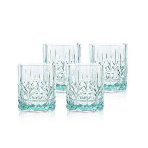 bellaforte shatterproof tritan plastic short tumbler, set of 4, 13oz - myrtle beach unbreakable crystal cut old fashioned drinking glasses for whiskey - bpa free - dishwasher safe - teal