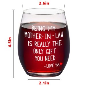 Futtumy Mother in Law Gifts, Mother-in-Law Stemless Wine Glass 15oz, Mother’s Day Gift Birthday Gift Christmas Gift for Mother in Law from Daughter in Law Son in Law