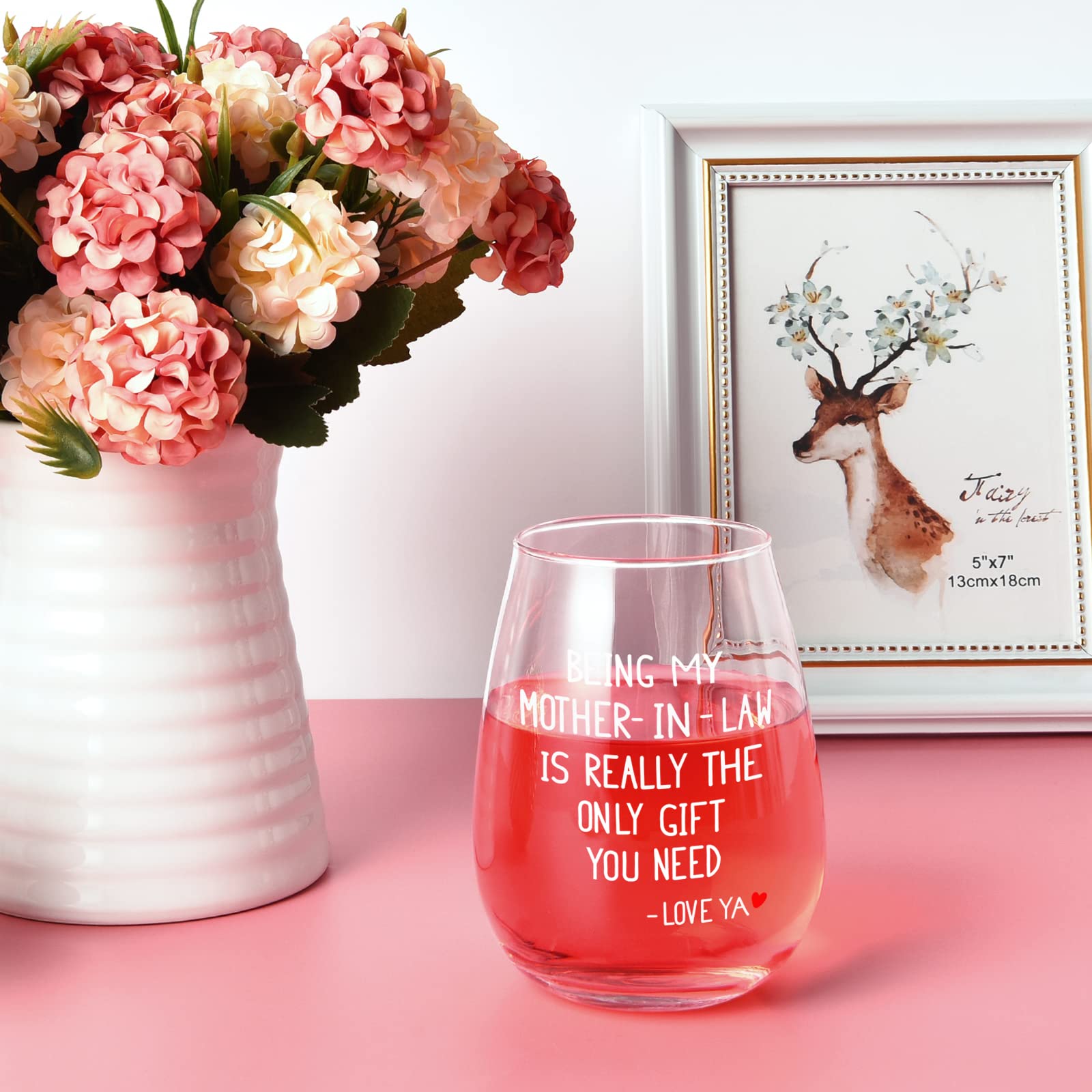 Futtumy Mother in Law Gifts, Mother-in-Law Stemless Wine Glass 15oz, Mother’s Day Gift Birthday Gift Christmas Gift for Mother in Law from Daughter in Law Son in Law