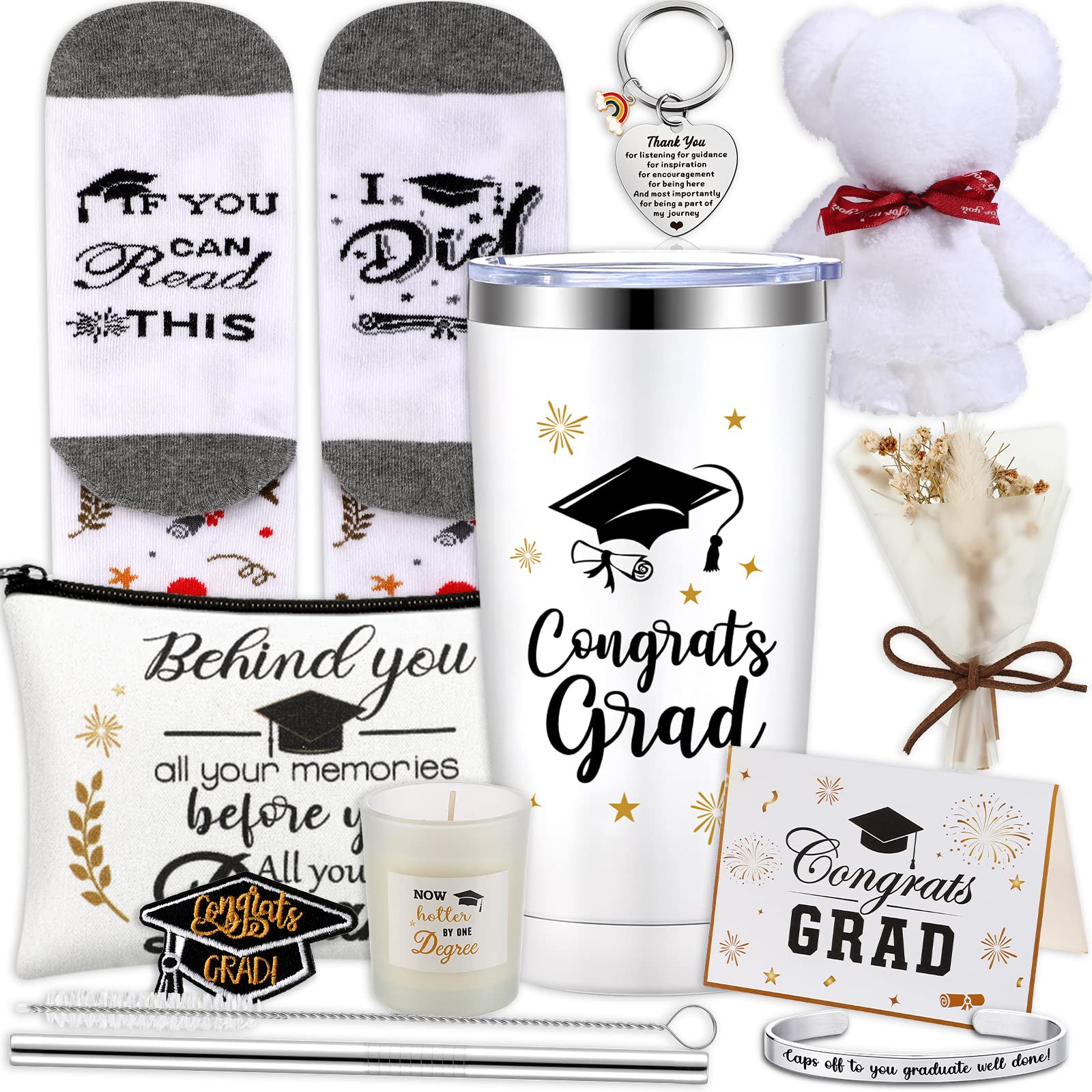 Gerrii 10 Pcs 2024 Graduation Gift Set Congrats Gift Box Include Steel Tumbler Towel Candle Socks Keychain and Flower for Girl Women Girlfriend Sister College School Birthday Gifts