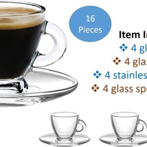 BOHEM'S Espresso Cups, 3.2 oz Small Demitasse Clear Glass Espresso Drinkware, Set Of Cups, Saucers and Stainless Steel mini Spoons + Free Glass Spoons (set of 4)