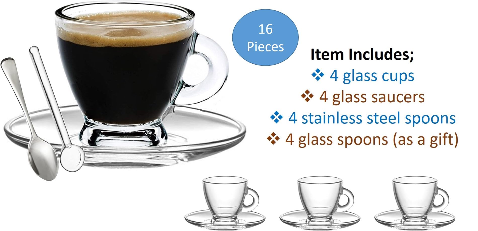 BOHEM'S Espresso Cups, 3.2 oz Small Demitasse Clear Glass Espresso Drinkware, Set Of Cups, Saucers and Stainless Steel mini Spoons + Free Glass Spoons (set of 4)