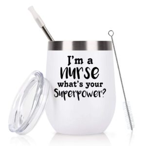 i'm a nurse wine tumbler with lid and straw, insulated stainless steel wine tumbler with lid, gifts for nurse, new nurse, rn nurse women on nurse week graduation thanksgiving birthday (12 oz, white)