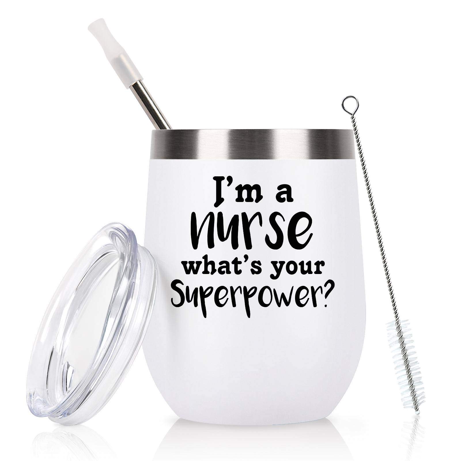 I'm a Nurse Wine Tumbler with Lid and Straw, Insulated Stainless Steel Wine Tumbler with Lid, Gifts for Nurse, New Nurse, RN Nurse Women on Nurse Week Graduation Thanksgiving Birthday (12 Oz, White)