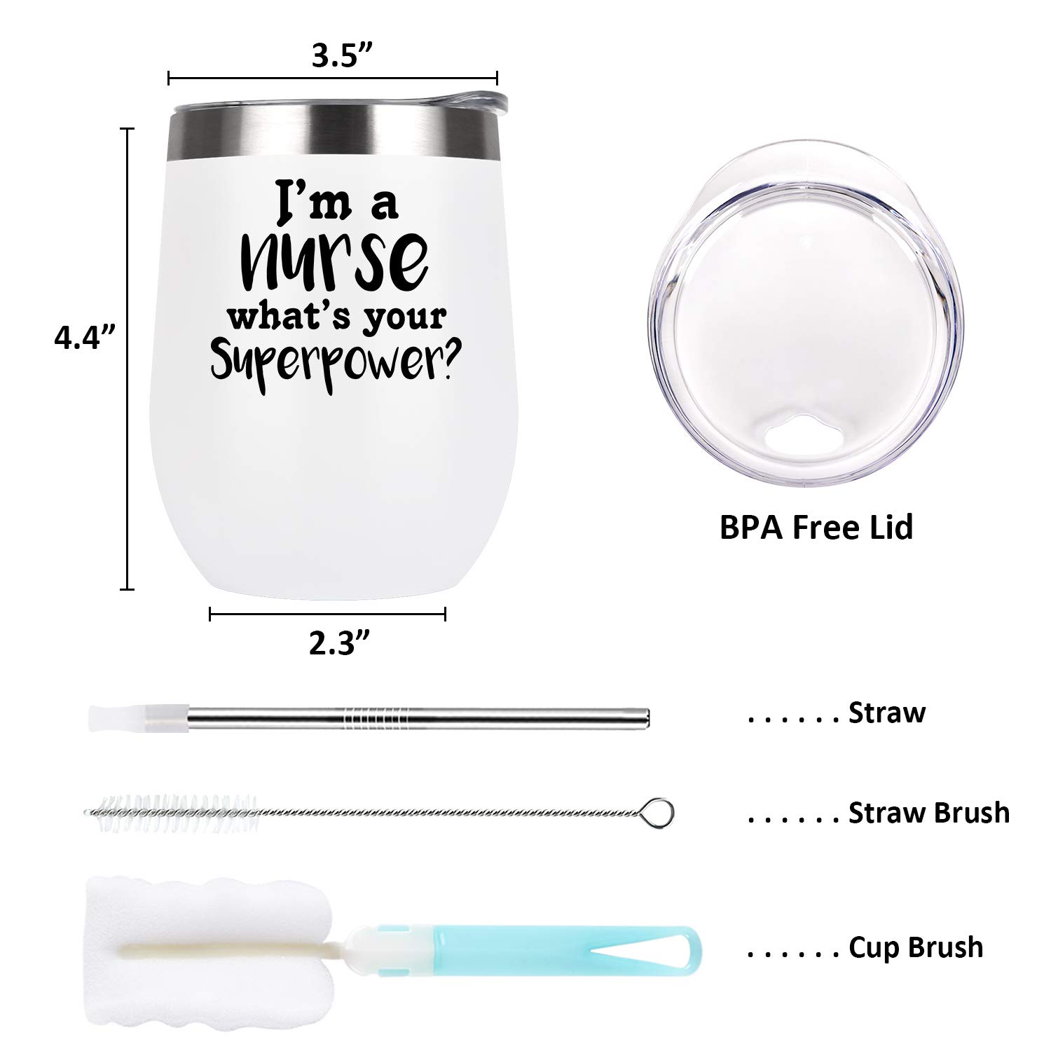 I'm a Nurse Wine Tumbler with Lid and Straw, Insulated Stainless Steel Wine Tumbler with Lid, Gifts for Nurse, New Nurse, RN Nurse Women on Nurse Week Graduation Thanksgiving Birthday (12 Oz, White)