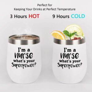 I'm a Nurse Wine Tumbler with Lid and Straw, Insulated Stainless Steel Wine Tumbler with Lid, Gifts for Nurse, New Nurse, RN Nurse Women on Nurse Week Graduation Thanksgiving Birthday (12 Oz, White)