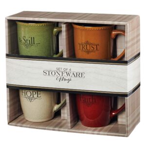 christian art gifts set of four rustic stoneware coffee/tea mugs w/bible verses sage green, ivory, paprika red, pumpkin orange inspirational coffee/tea cup for men and women