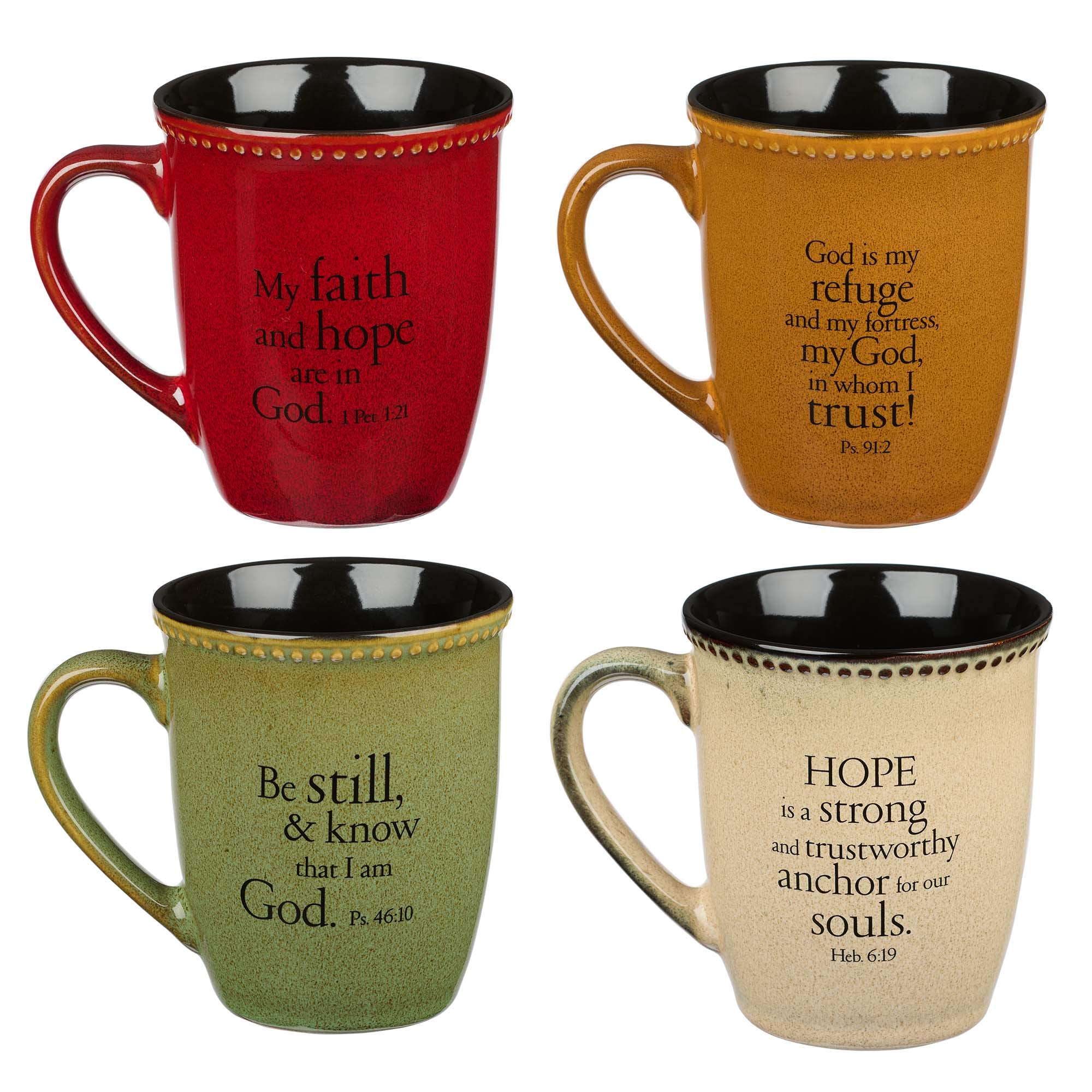 Christian Art Gifts Set of Four Rustic Stoneware Coffee/Tea Mugs w/Bible Verses Sage Green, Ivory, Paprika Red, Pumpkin Orange Inspirational Coffee/Tea Cup for Men and Women