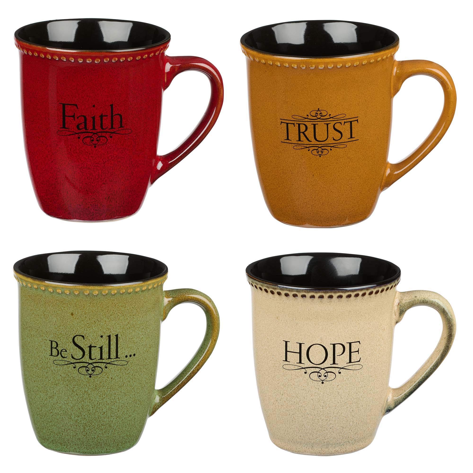 Christian Art Gifts Set of Four Rustic Stoneware Coffee/Tea Mugs w/Bible Verses Sage Green, Ivory, Paprika Red, Pumpkin Orange Inspirational Coffee/Tea Cup for Men and Women