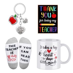 jutom 4 set christmas teacher gifts teacher appreciation gift for women include thank you teacher coffee mug if you can read this socks teacher gift socks keychain greeting card(big heart)