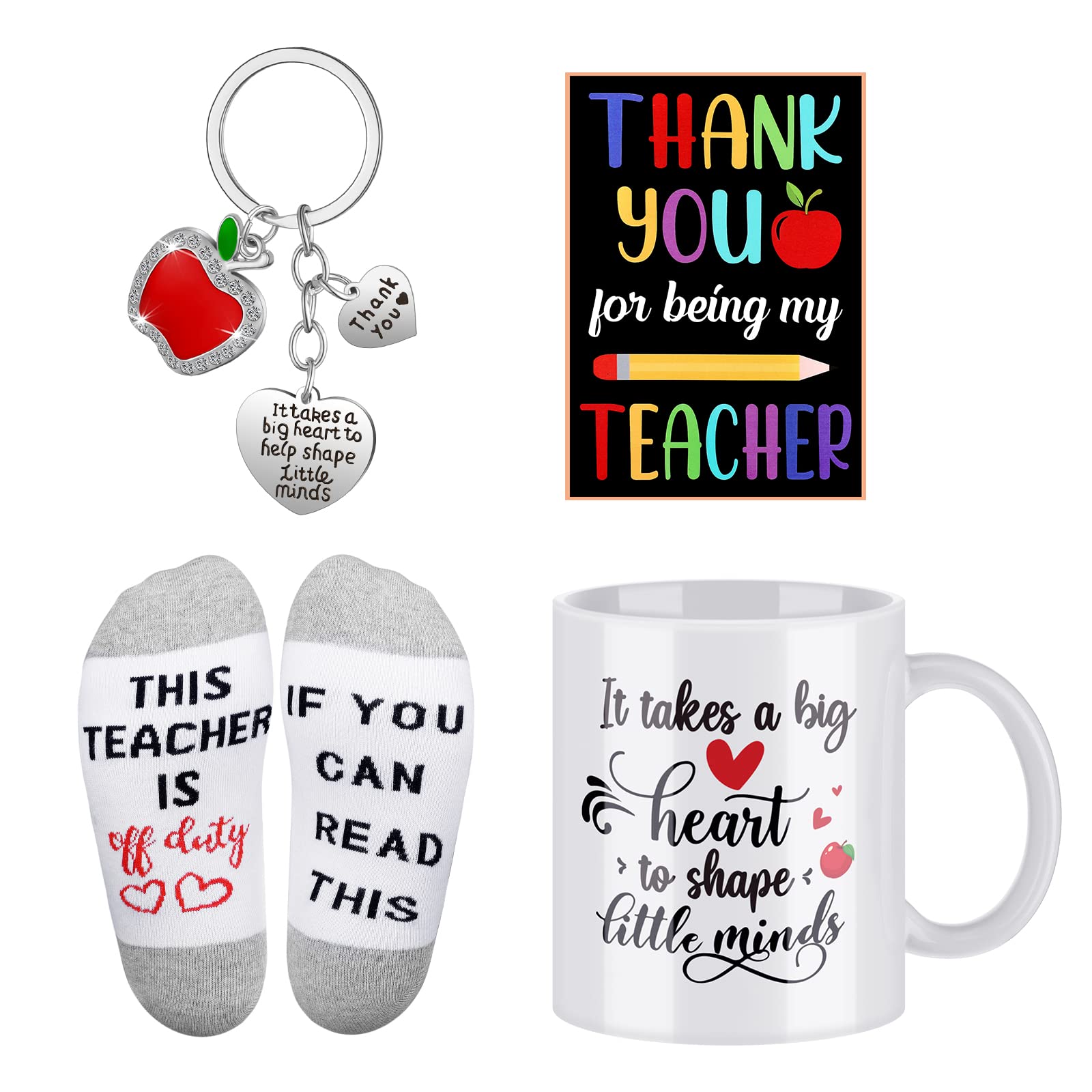 Jutom 4 Set Christmas Teacher Gifts Teacher Appreciation Gift for Women Include Thank You Teacher Coffee Mug If You Can Read This Socks Teacher Gift Socks Keychain Greeting Card(Big Heart)