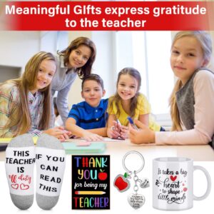 Jutom 4 Set Christmas Teacher Gifts Teacher Appreciation Gift for Women Include Thank You Teacher Coffee Mug If You Can Read This Socks Teacher Gift Socks Keychain Greeting Card(Big Heart)