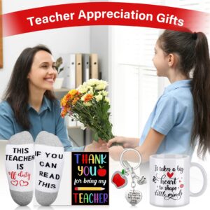 Jutom 4 Set Christmas Teacher Gifts Teacher Appreciation Gift for Women Include Thank You Teacher Coffee Mug If You Can Read This Socks Teacher Gift Socks Keychain Greeting Card(Big Heart)