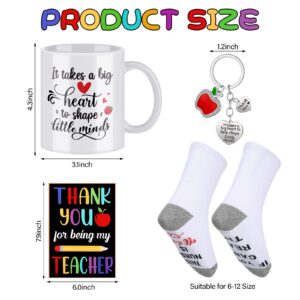 Jutom 4 Set Christmas Teacher Gifts Teacher Appreciation Gift for Women Include Thank You Teacher Coffee Mug If You Can Read This Socks Teacher Gift Socks Keychain Greeting Card(Big Heart)