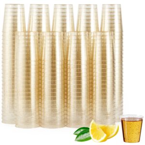 matana 200 gold glitter shot glasses 2oz - elegant clear plastic party cups tumblers for wine tasting, food sample, dessert, cocktail, jello for wedding, reception, girls' parties, birthday & events