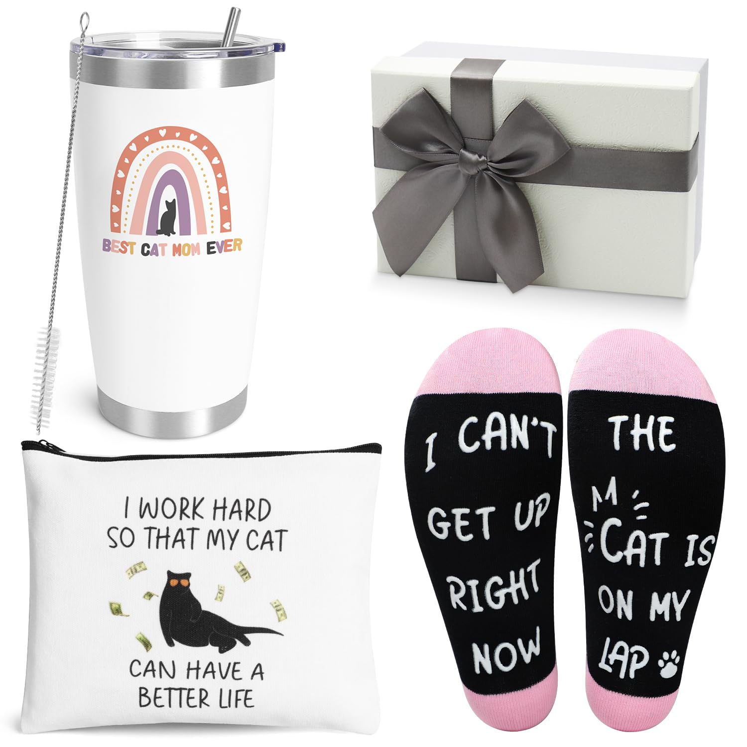 UAREHIBY Cat Mom Gifts for Women,20 OZ Wine Tumbler Gifts for Cat Lovers,Crazy Cat Lady Gifts with Cosmetic Bag,Funny Cat Themed Things with Socks Birthday Gifts for Women,Friend,Cat Stuff