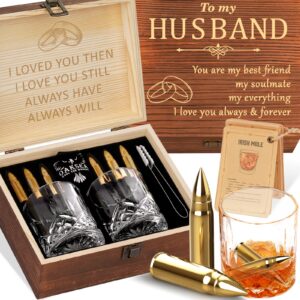 anniversary oaksea for husband him men, stainless steel engraved whiskey stones glasses set gifts, birthday wedding gift for dad husband boyfriend fiance, cool burbon scotch set gifts