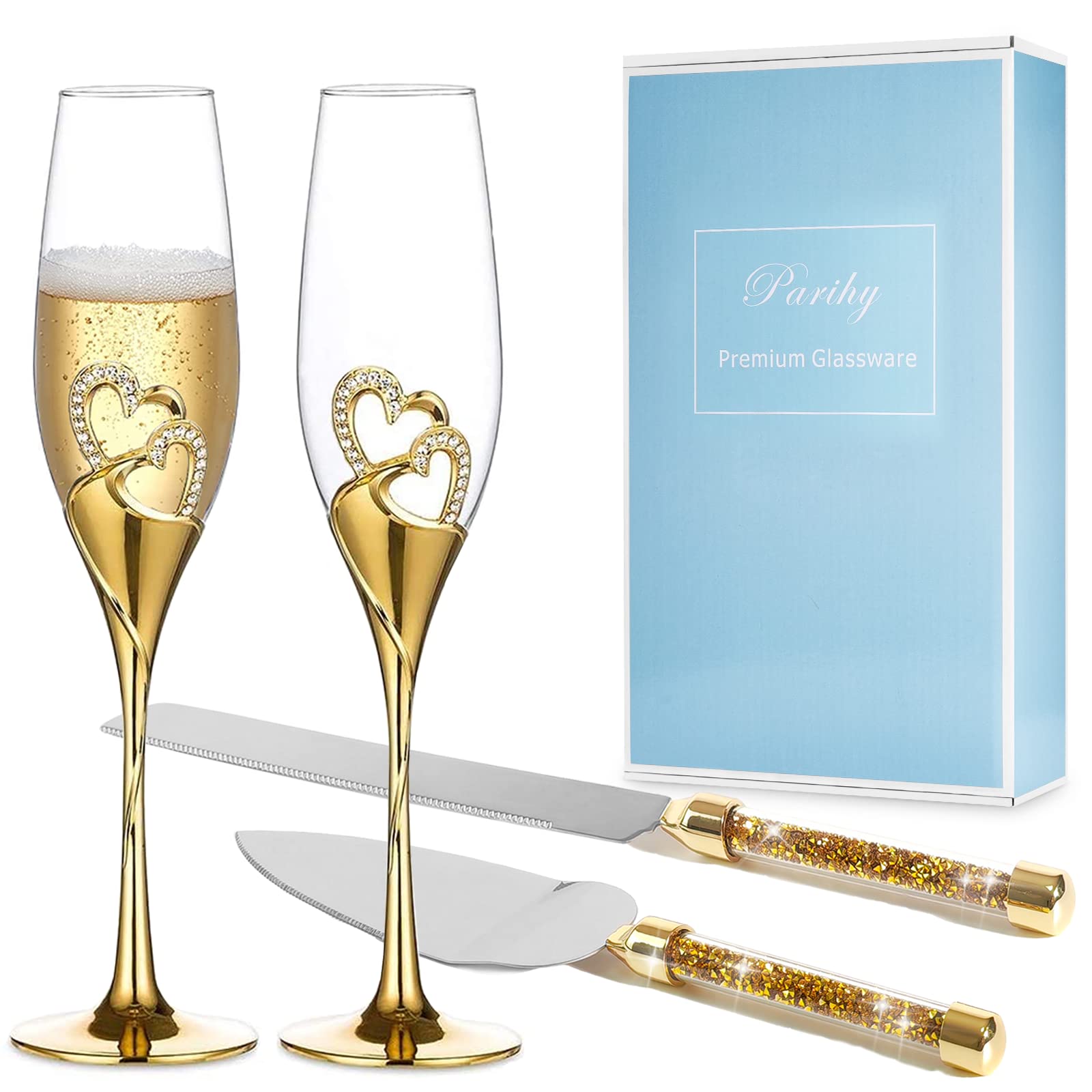 Parihy Wedding Cake Knife and Sever Set, Wedding Champagne Flutes and Cake Knife Server Set, Wedding Gifts Toasting Glasses for Couple Bride and Groom, Cake Cutting Set for Wedding, Engagement