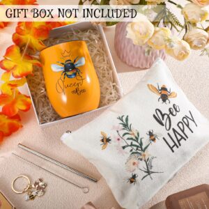 Sieral 3 Pcs Tumbler Cup Appreciation Gift Set Stainless Steel Tumbler Cup Cosmetic Bag Keychain Thank You Gift Graduation Gifts for Women Daughter Teacher Friends (Bee)