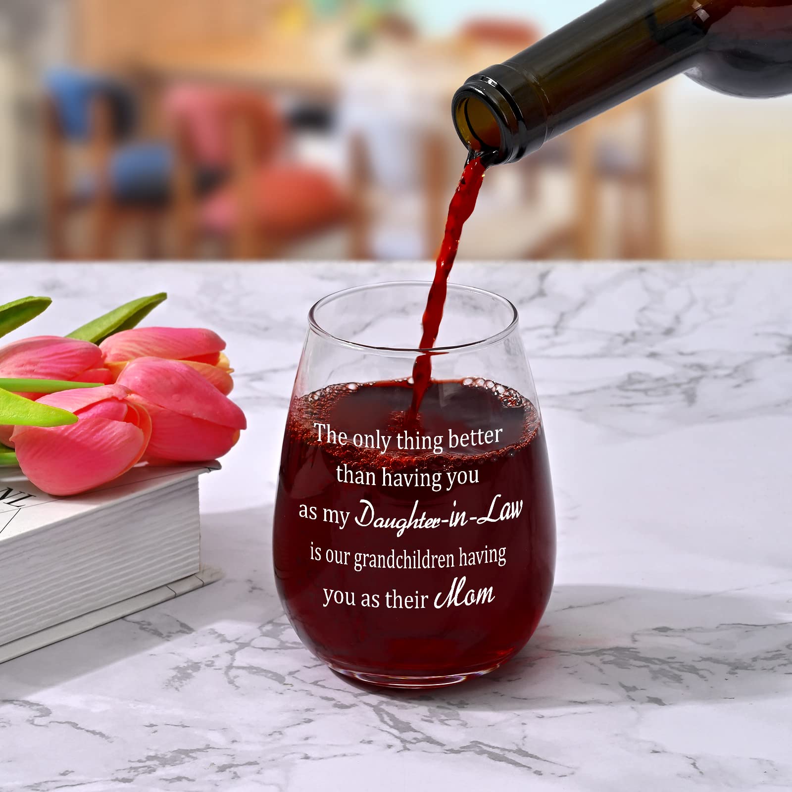 DAZLUTE Funny Daughter-in-Law Gifts, Daughter-in-Law Stemless Wine Glass, Mother’s Day Birthday Christmas Gifts for Daughter-in-Law, Mom, Women from Mother-in-Law Father-in-Law, 15 Oz