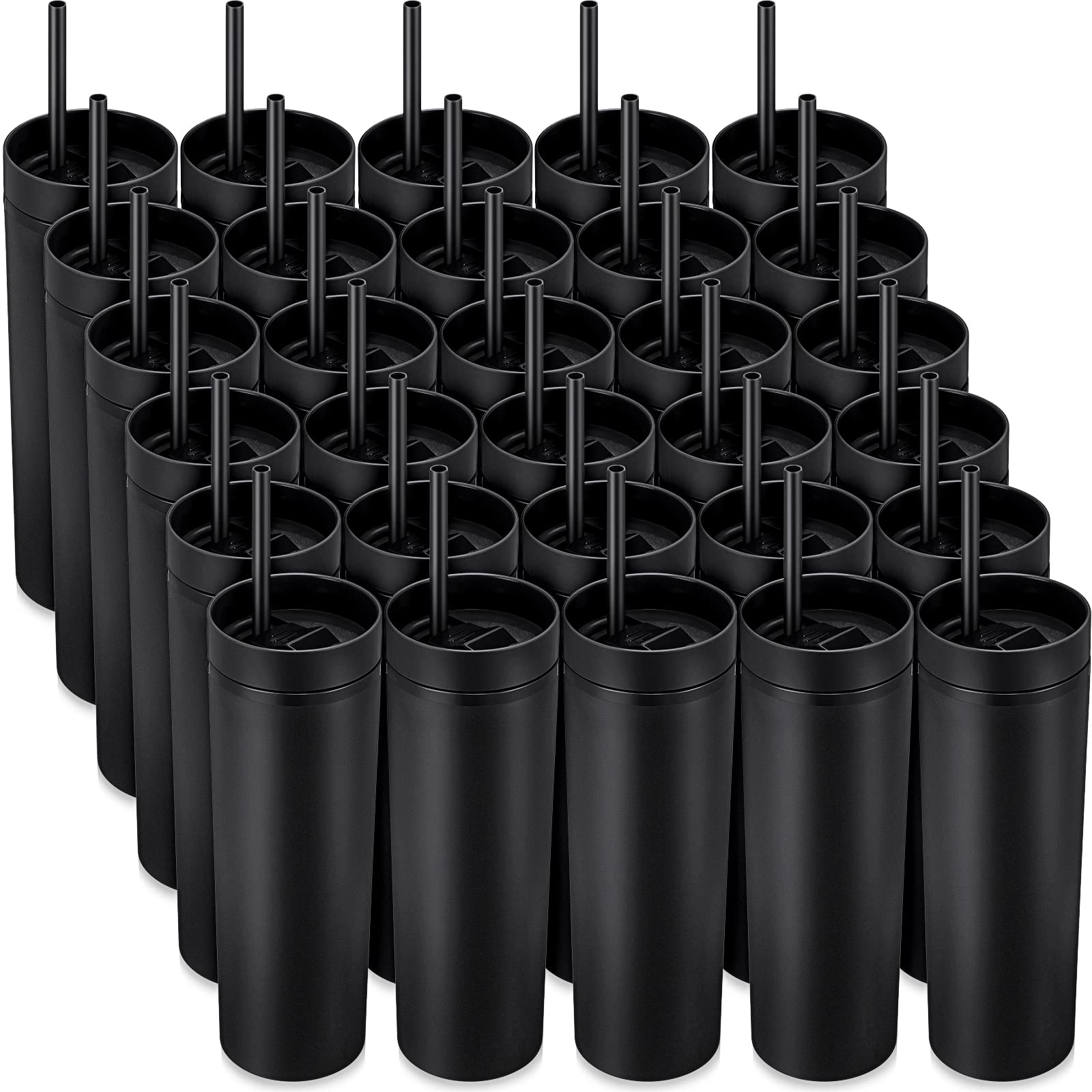 30 Pieces Skinny Tumbler with Lid and Straw, 16 oz Matte Black Acrylic Tumbler Insulated Double Wall Plastic Reusable Cups Vinyl Customized DIY Gifts for Parties, Birthday, Home, Office, Bridal Shower