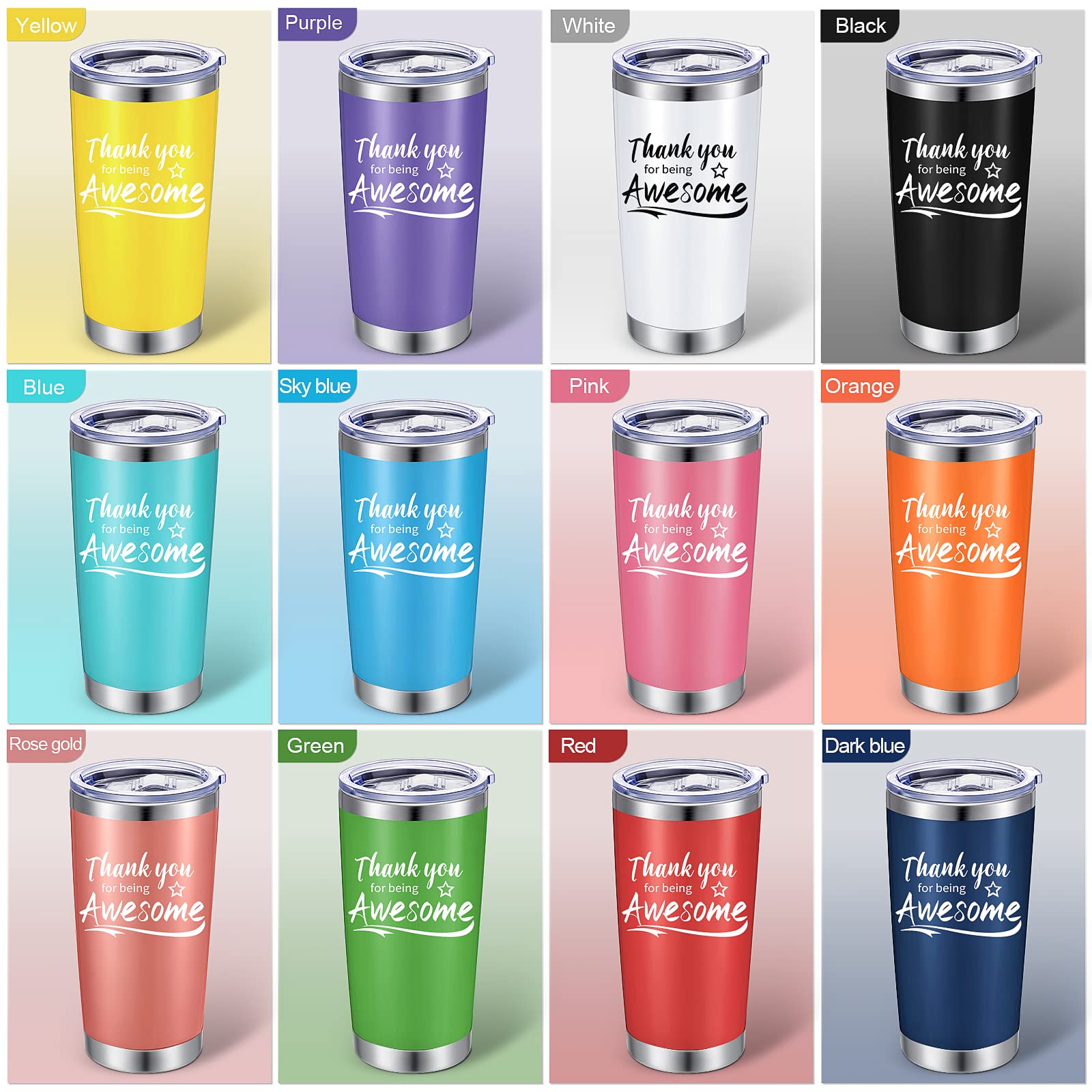 Sieral Thank You for Being Awesome Tumbler,Thank You Gifts for Women Men 20oz Insulated Stainless Steel Travel Tumbler with Lid and Straw Appreciation Gift with Keychain (Multicolor, 24 Pieces)