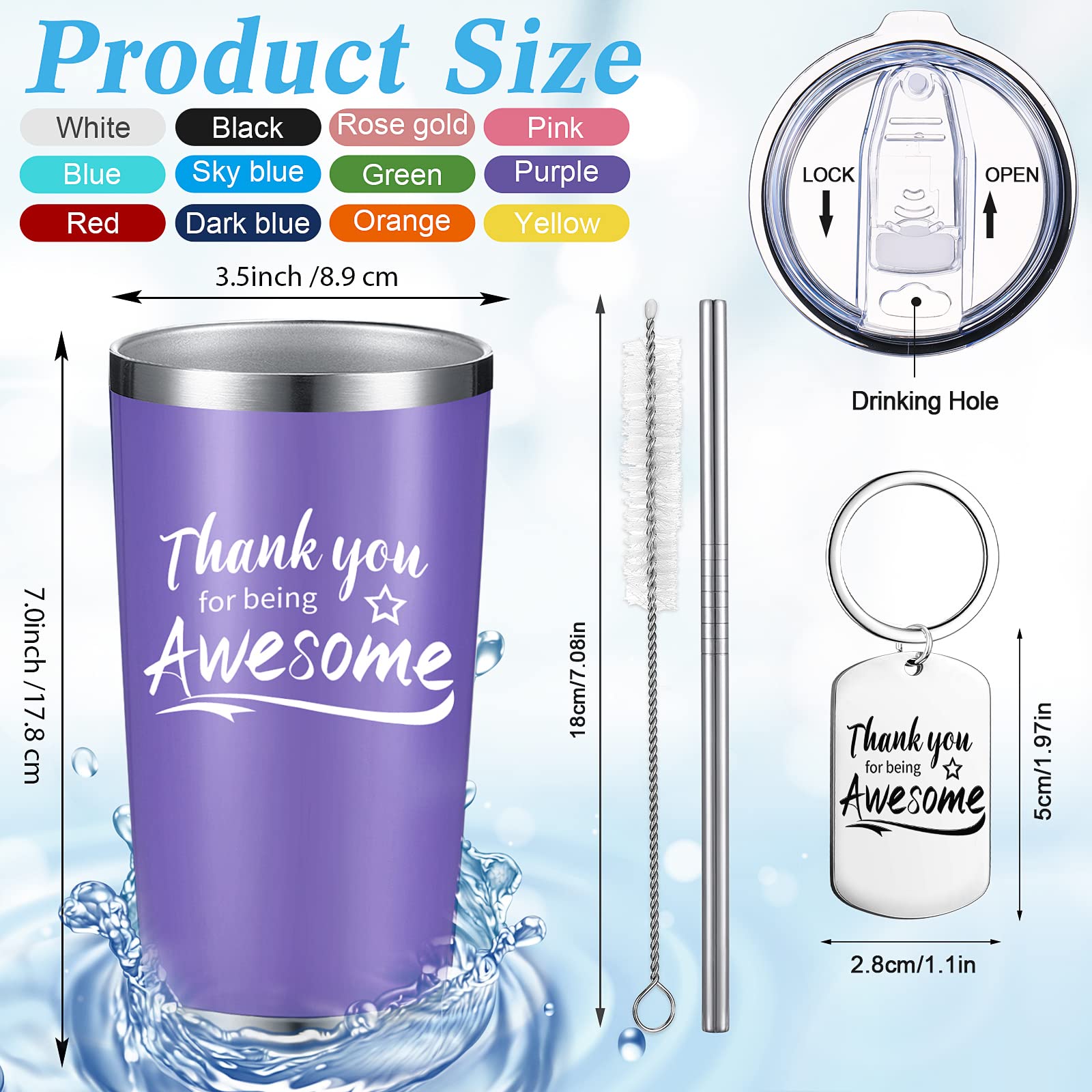 Sieral Thank You for Being Awesome Tumbler,Thank You Gifts for Women Men 20oz Insulated Stainless Steel Travel Tumbler with Lid and Straw Appreciation Gift with Keychain (Multicolor, 24 Pieces)