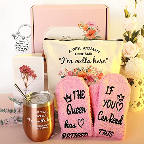 Mothers Day Gifts For Mom, Retirement Gifts Wine Funny Presents Box for Grandma Aunt Women 2023, 6 Pcs Unique Humorous Socks Female Wine Glasses Keychain for Teachers Mother Retiring Friends Coworker