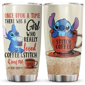 xxme blue alien 20 oz tumbler with lid, once upon a time there was girl who really loved cartoon character insulated coffee travel tumbler, gifts for lovers, birthday daughter son, beige 1