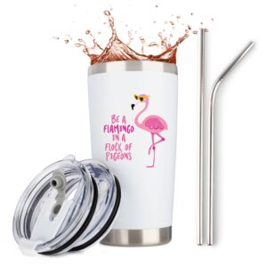 jenvio flamingo gifts for women | large 20 ounce white wine/coffee stainless steel tumbler/mug with lid | unique inspirational encouragement pink design funny cup valentine's day gift