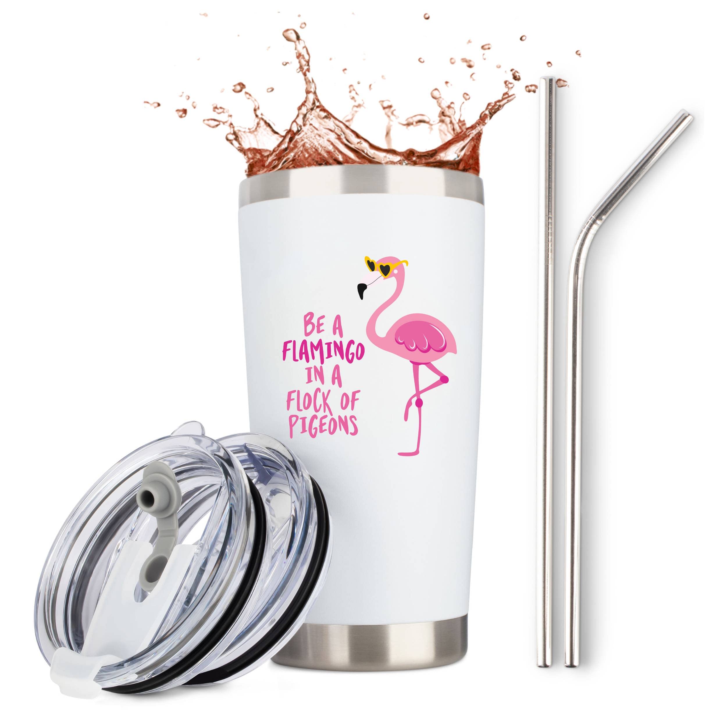 JENVIO Flamingo Gifts for Women | Large 20 Ounce White Wine/Coffee Stainless Steel Tumbler/Mug with Lid | Unique Inspirational Encouragement Pink Design Funny Cup Valentine's Day Gift