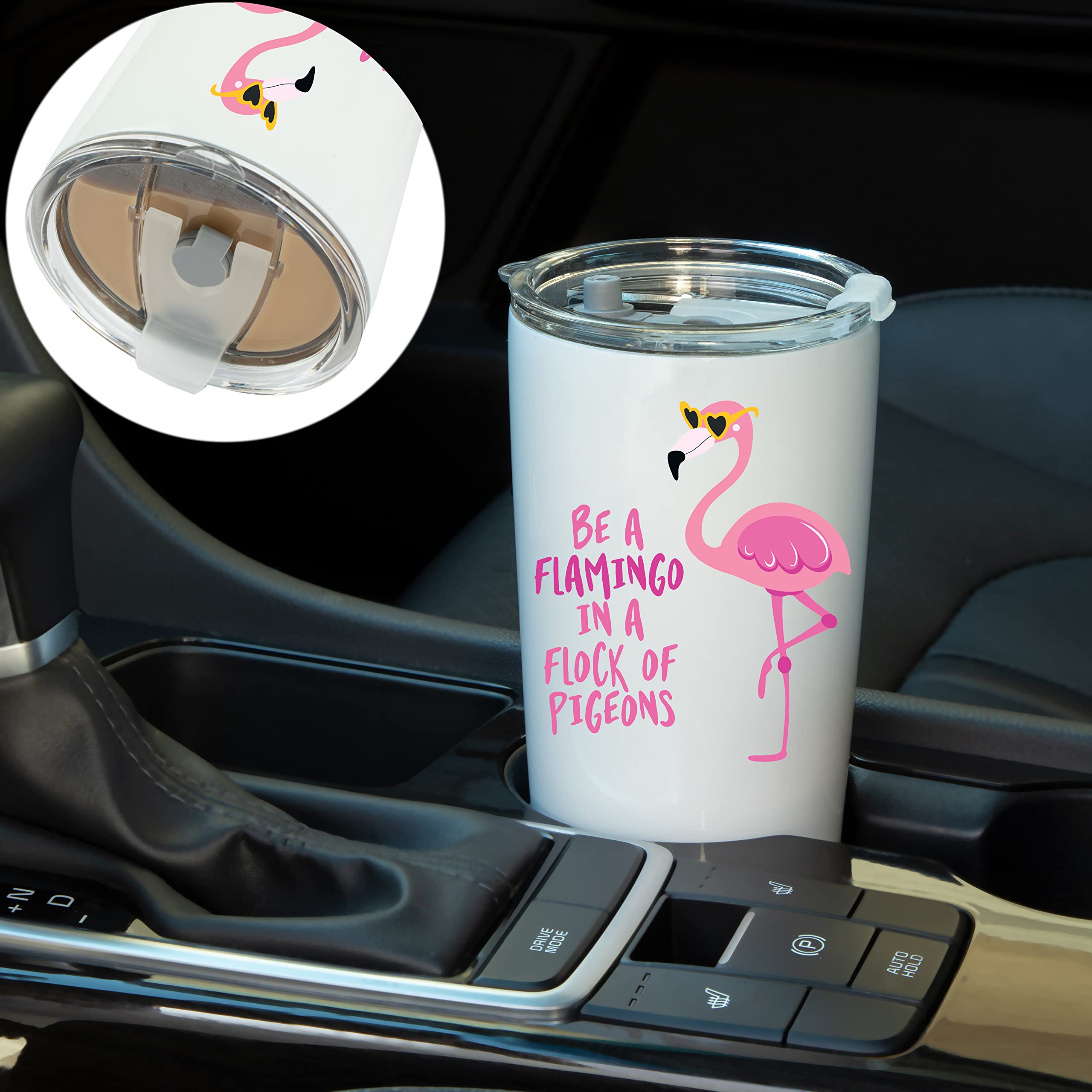 JENVIO Flamingo Gifts for Women | Large 20 Ounce White Wine/Coffee Stainless Steel Tumbler/Mug with Lid | Unique Inspirational Encouragement Pink Design Funny Cup Valentine's Day Gift