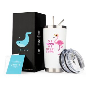 JENVIO Flamingo Gifts for Women | Large 20 Ounce White Wine/Coffee Stainless Steel Tumbler/Mug with Lid | Unique Inspirational Encouragement Pink Design Funny Cup Valentine's Day Gift