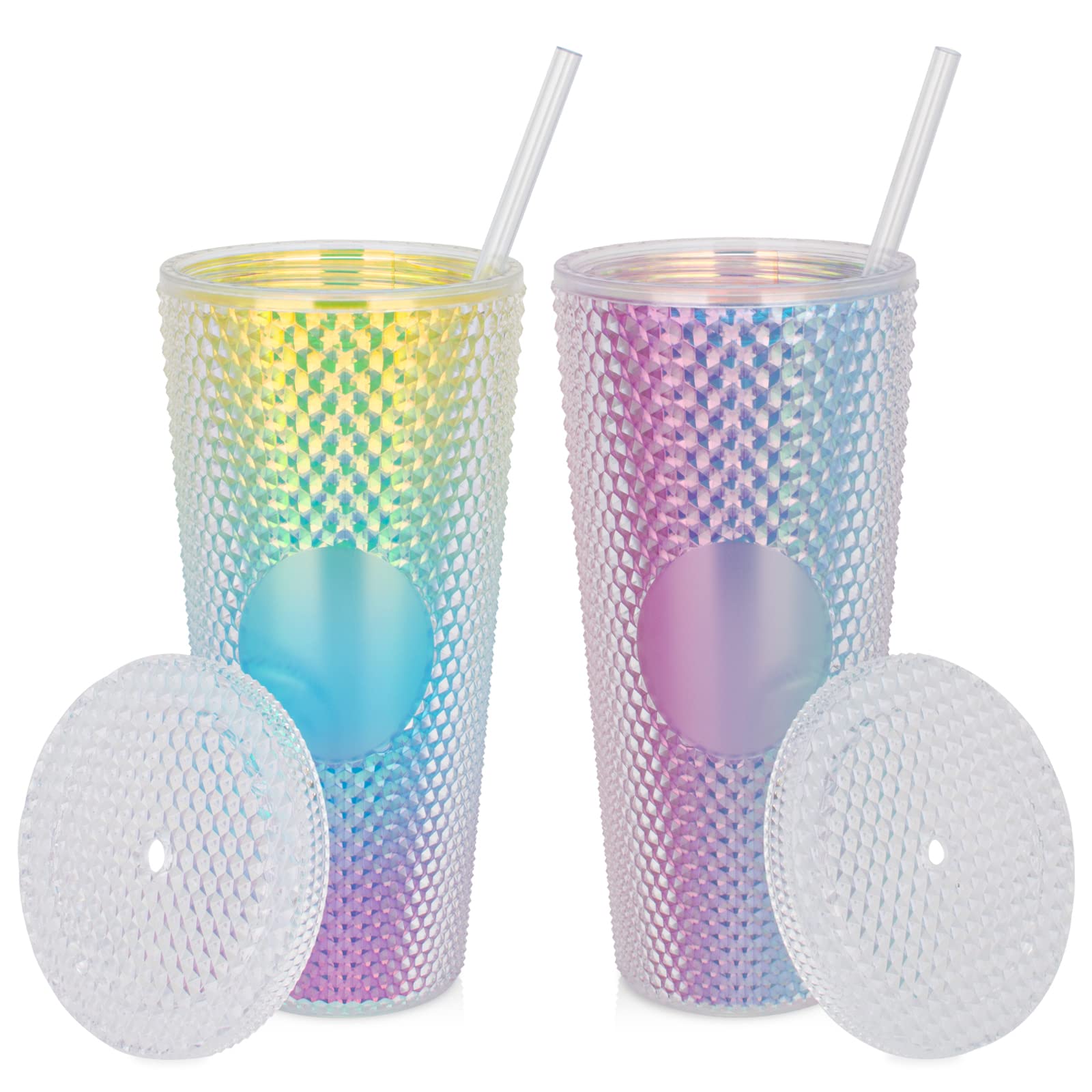 Luxfuel 24oz DIY Studded Tumbler with Lid and Straw,Reusable Plastic Acrylic Cup,Double Walled Iridescent Travel Tumbler for Iced Coffee,Cold Water,Smoothie,Wide Mouth,Spill Proof,100% BPA Free -2Pack