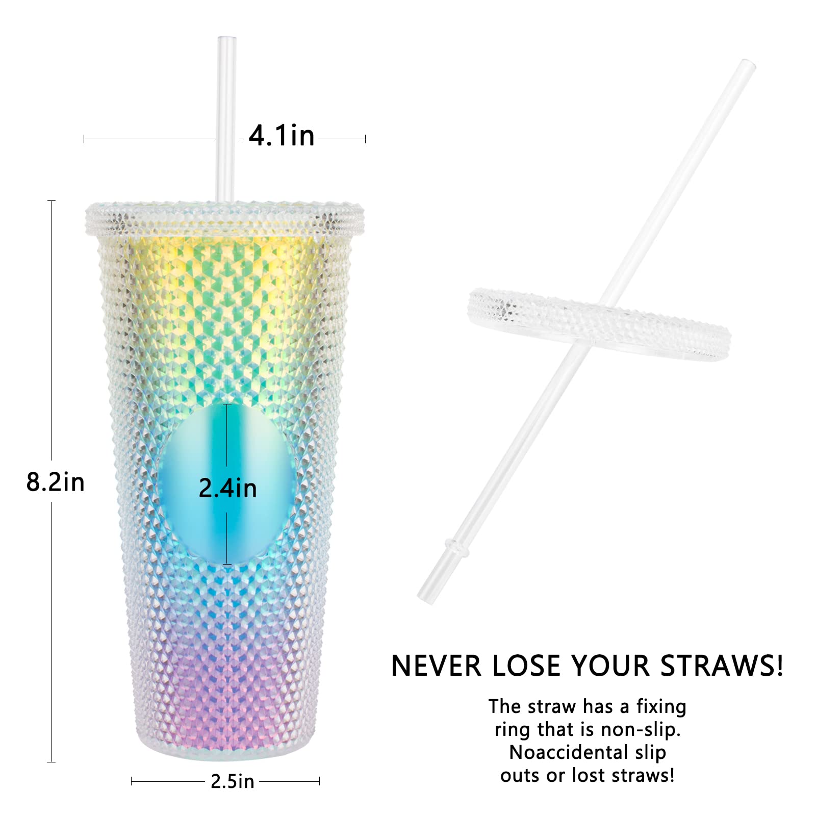 Luxfuel 24oz DIY Studded Tumbler with Lid and Straw,Reusable Plastic Acrylic Cup,Double Walled Iridescent Travel Tumbler for Iced Coffee,Cold Water,Smoothie,Wide Mouth,Spill Proof,100% BPA Free -2Pack