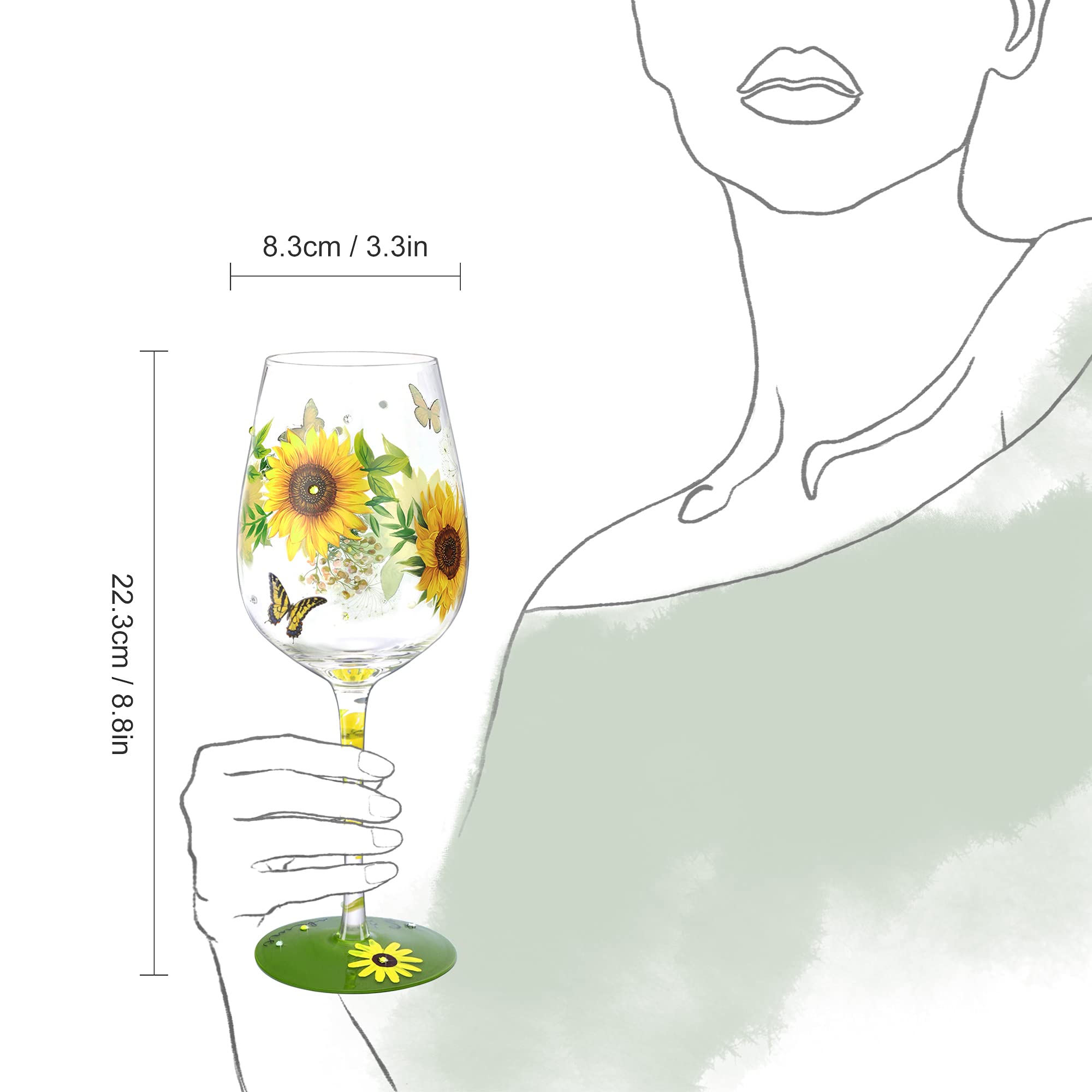 NymphFable Hand-painted Wine Glass Sun Flower Butterfly Artisan Painted 15oz Personalised SunFlower Gifts for Women