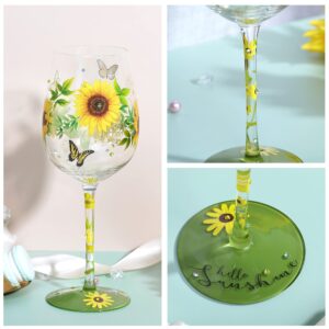 NymphFable Hand-painted Wine Glass Sun Flower Butterfly Artisan Painted 15oz Personalised SunFlower Gifts for Women