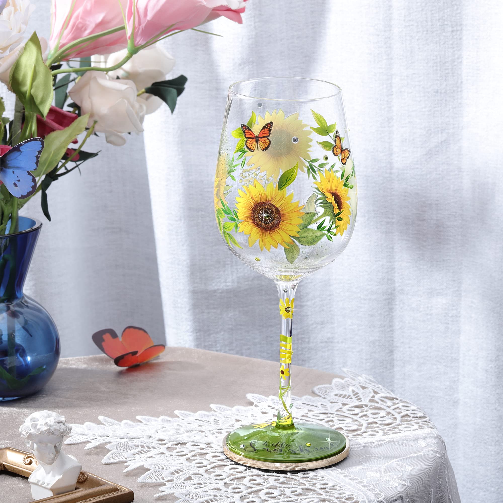 NymphFable Hand-painted Wine Glass Sun Flower Butterfly Artisan Painted 15oz Personalised SunFlower Gifts for Women