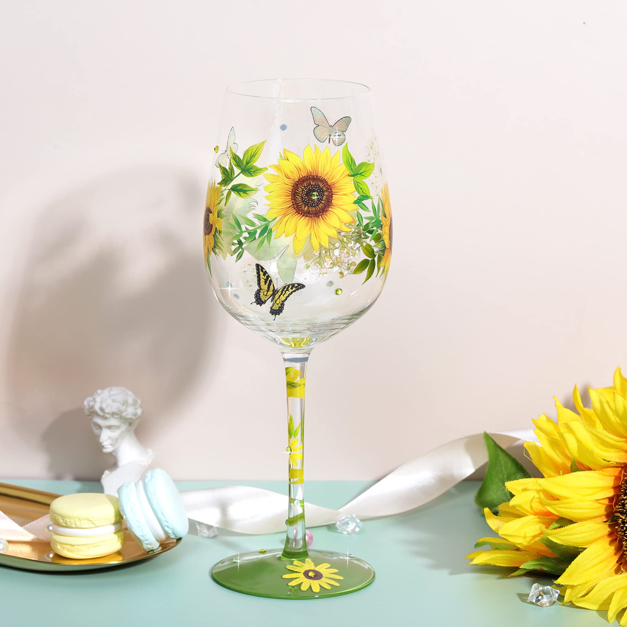 NymphFable Hand-painted Wine Glass Sun Flower Butterfly Artisan Painted 15oz Personalised SunFlower Gifts for Women